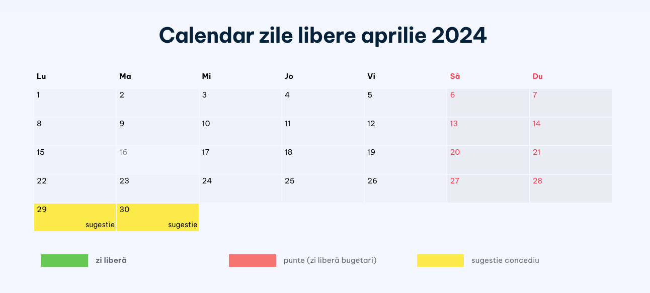 Zile libere aprilie 2024. Calendar sărbători legale aprilie 2024